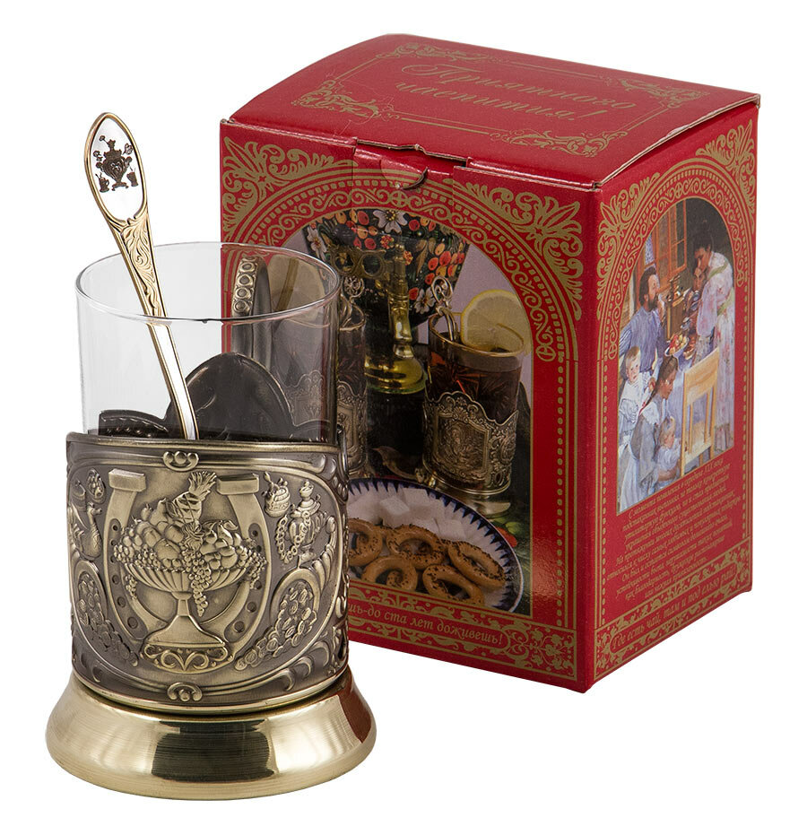 Набор д/чая "Рог изобилия" (3 пр.) - картон. коробка, стекл. стакан, латунь, штамп, ложка - нерж. грав. ПД-358/1КС-л