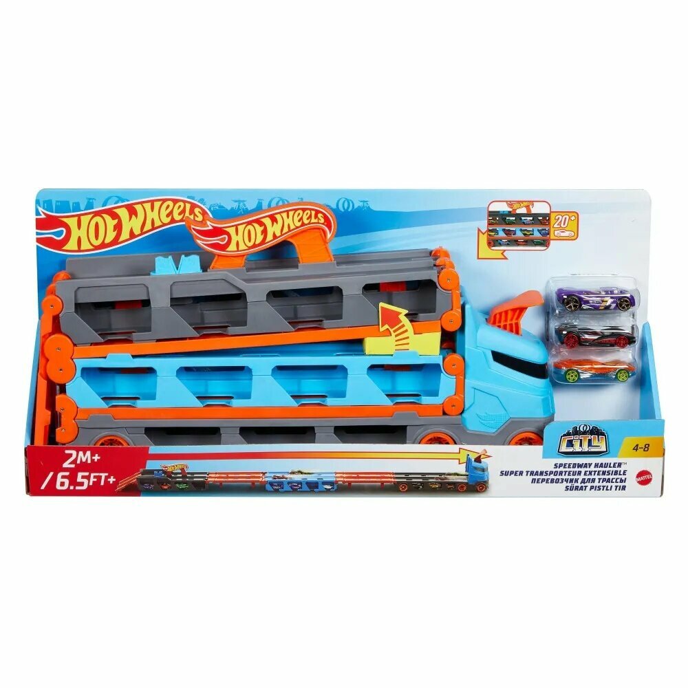 Mattel Hot Wheels Speedway Hauler / Тележка для хранения с 3 автомобилями в масштабе 1:64 и 6-футовой гоночной трассой с откидным верхом Вмещает более 20 автомобилей Горячие колеса