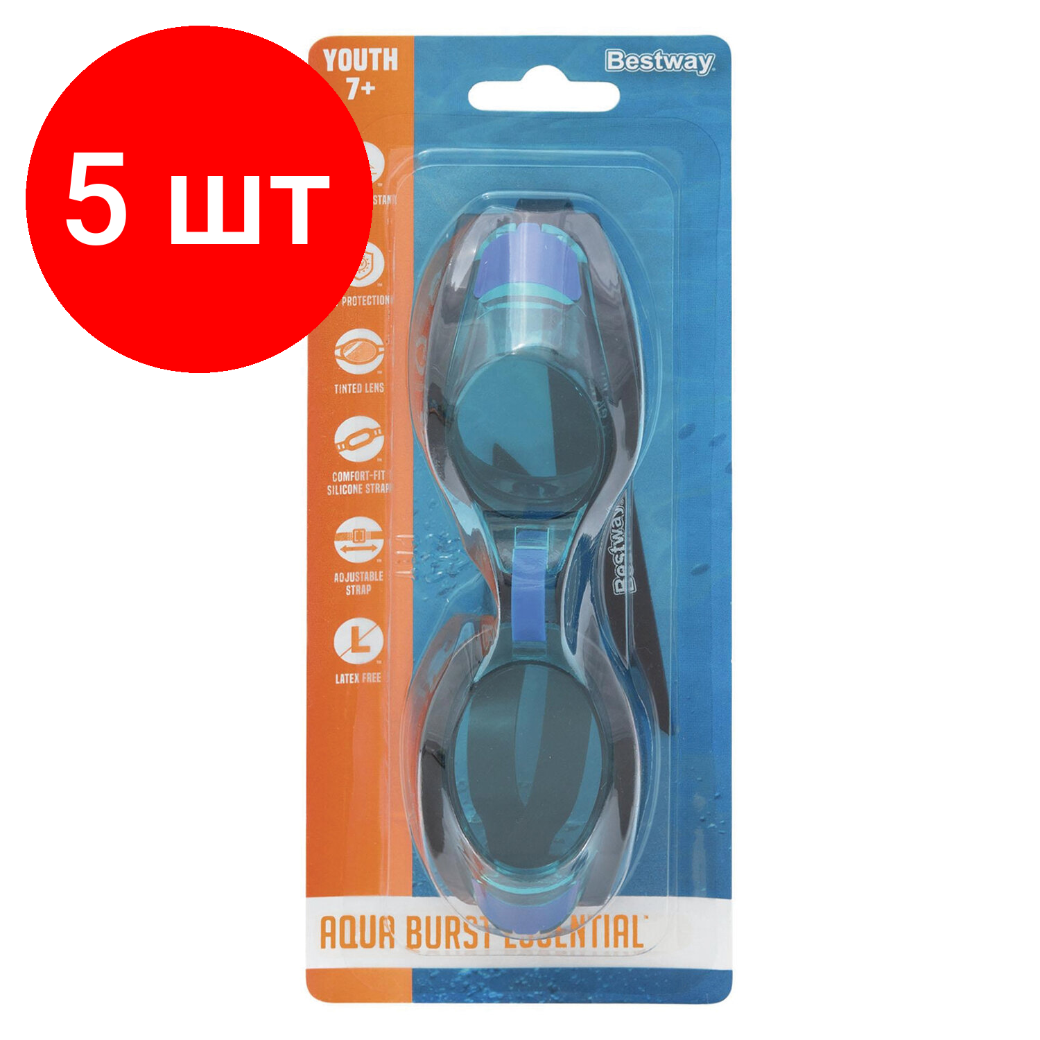 Комплект 5 шт, Очки для плавания "Focus" от 7 лет, ассорти, BESTWAY, 21005