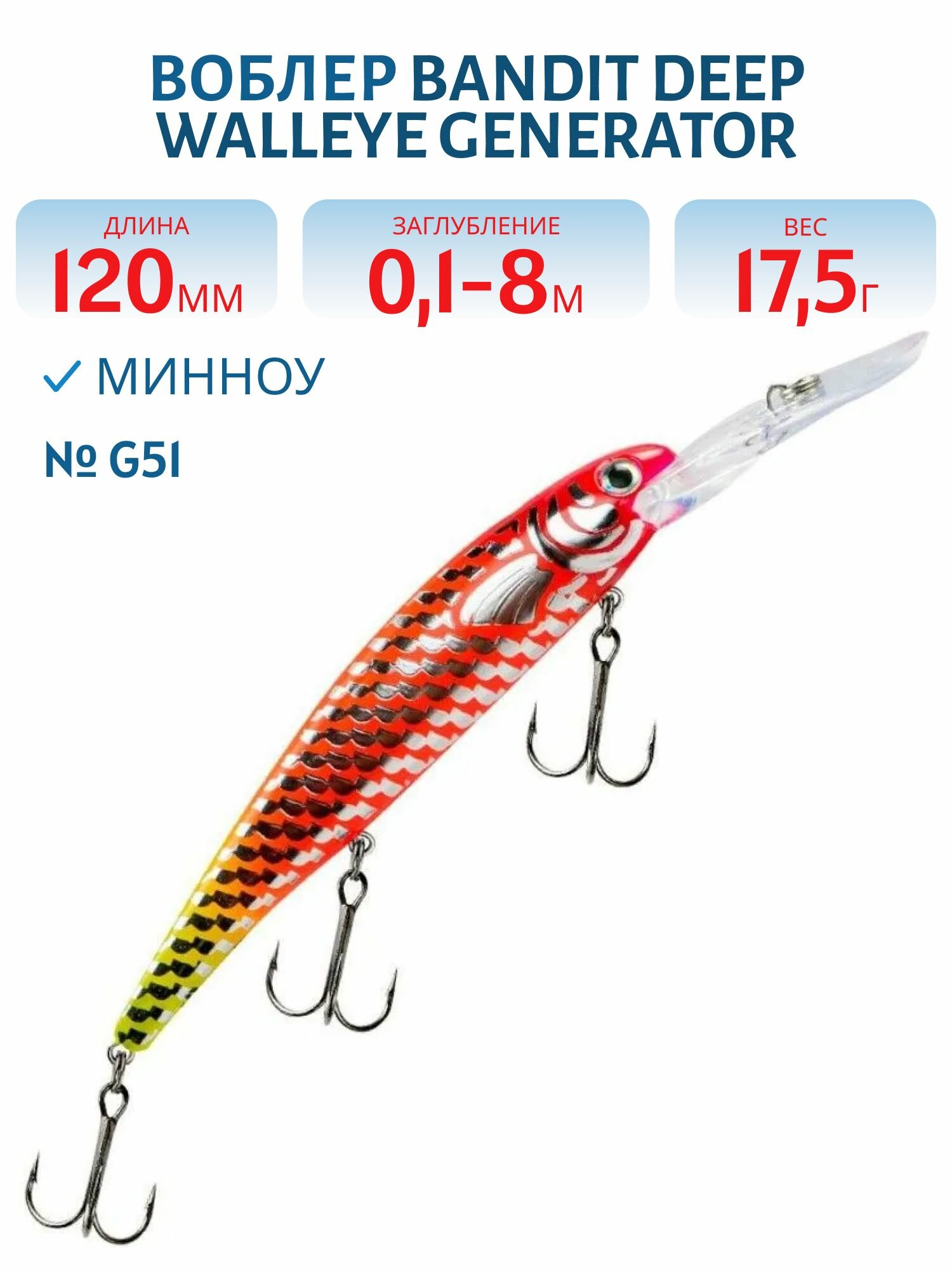 Воблер BANDIT DEEP WALLEYE GENERATOR, 120 мм, 17,5 гр, цвет G51