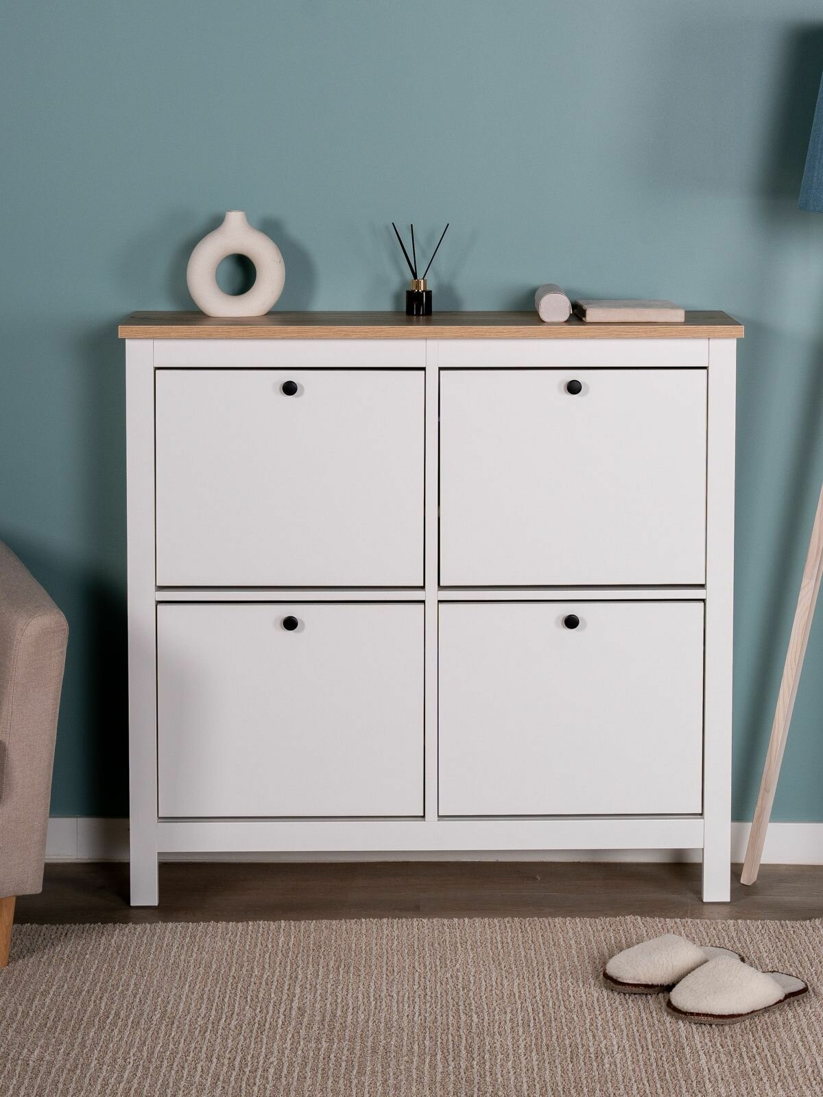 Обувница Сага с 4 откидными ящиками 113х108 белая-ясень, ГУД лакк