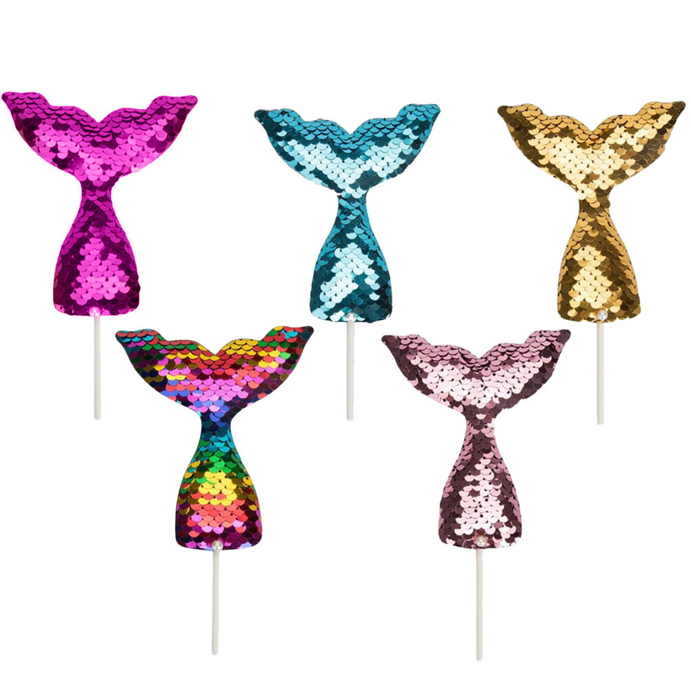 5 Pcs Sequins Mermaid Tail Cake Toppers Happy Birthday Topper Decoration for Party Wedding Cupcake Decor