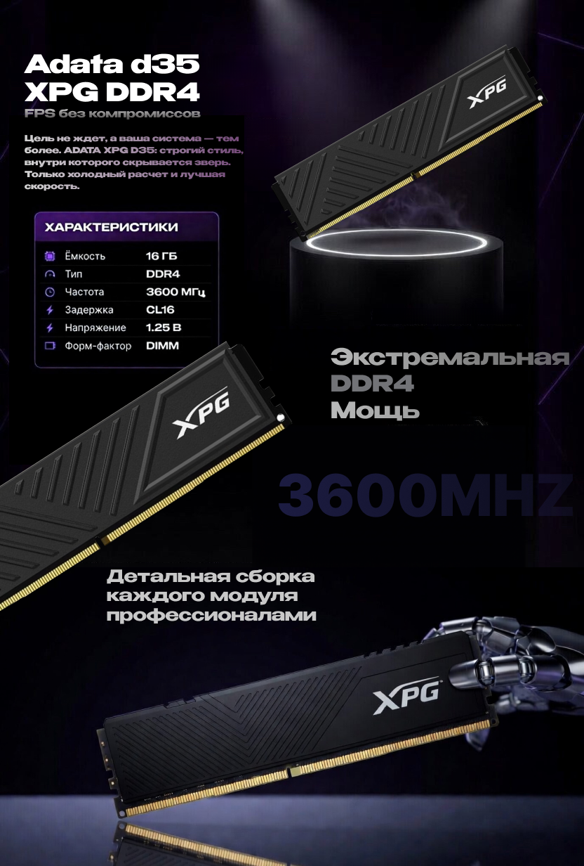 Оперативная память ADATA GAMMIX D35, 16GB*1, DDR4, 3600 МHz, CL16, 1.35V, Black