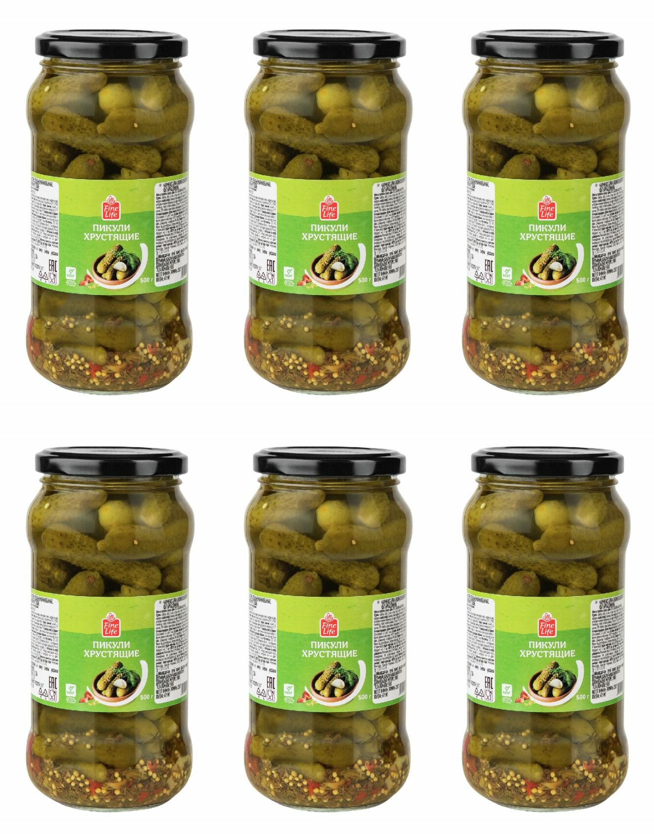 Fine Life Огурцы маринованные Хрустящие пикули, 500 г, 6 шт