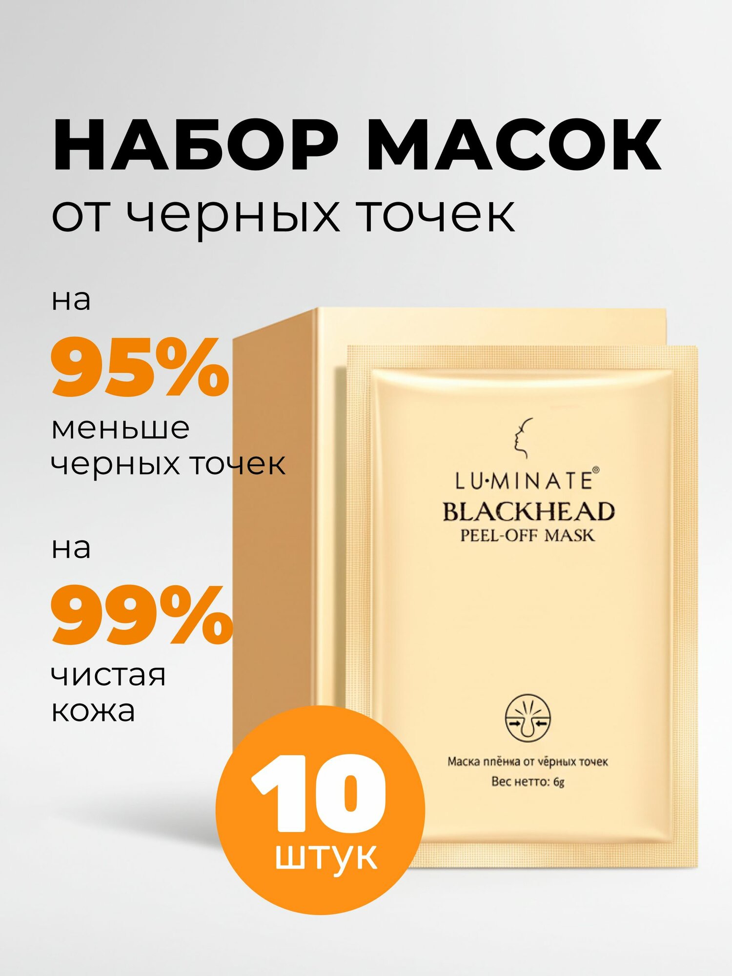 LU MINATE Маска-плёнка для лица Анти-акне, от черных точек и угрей, набор 10 шт.*6 г