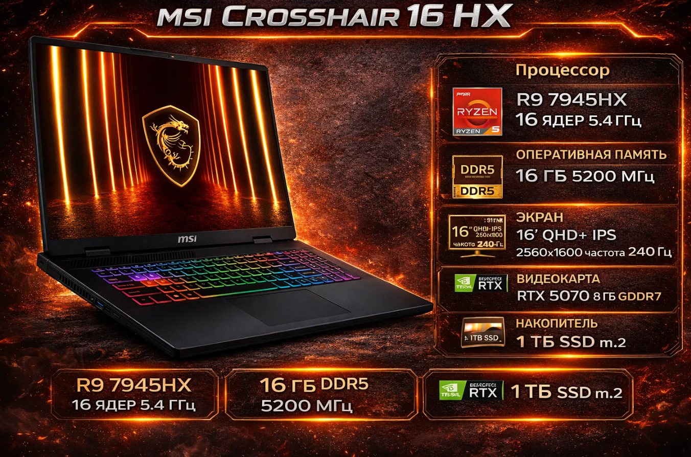 Игровой ноутбук MSI Crosshair 16 HX, R9 7945HX, RTX 5070, 16ГБ/1ТБ, IPS 2.5K 240Hz, Windows 11, русская клавиатура