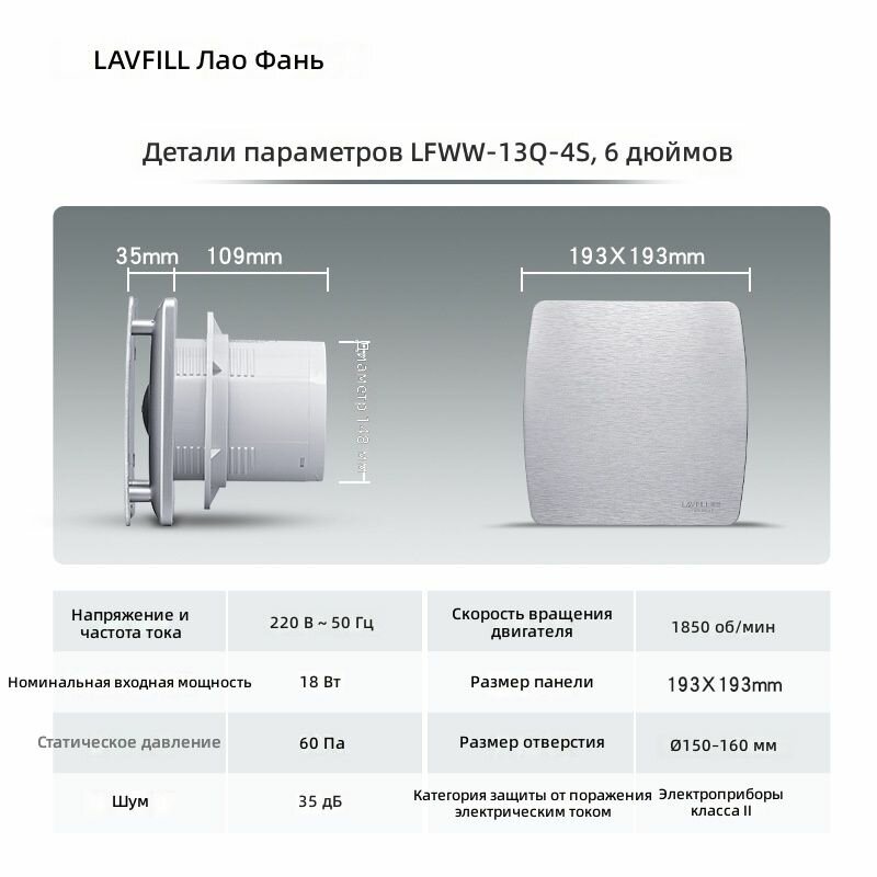 Вентилятор вытяжной LAVFILL, 6 дюймов, серебристый, с масляным подшипником