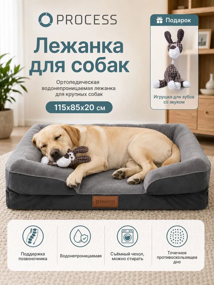 PROCESS Большая ортопедическая лежанка для собак крупных пород, XL 115x85 см, с бортиками и съемным чехлом