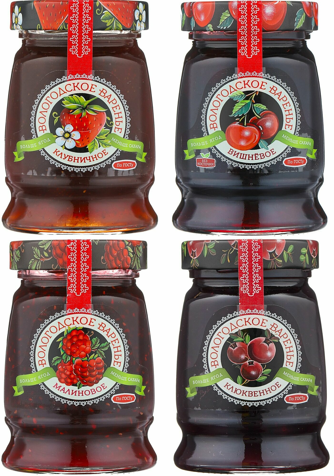 Варенье Домашнее Вологодское набор из 4 шт по 370 гр Малина, Клубника, Вишня, Клюква