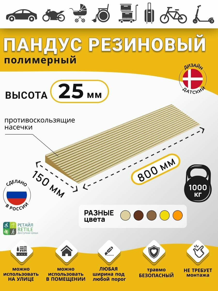 Пандус резиновый рубеж для порогов высотой 2,5 см (25х800х150 мм), бежевый, для колясок, склада и автомобилей