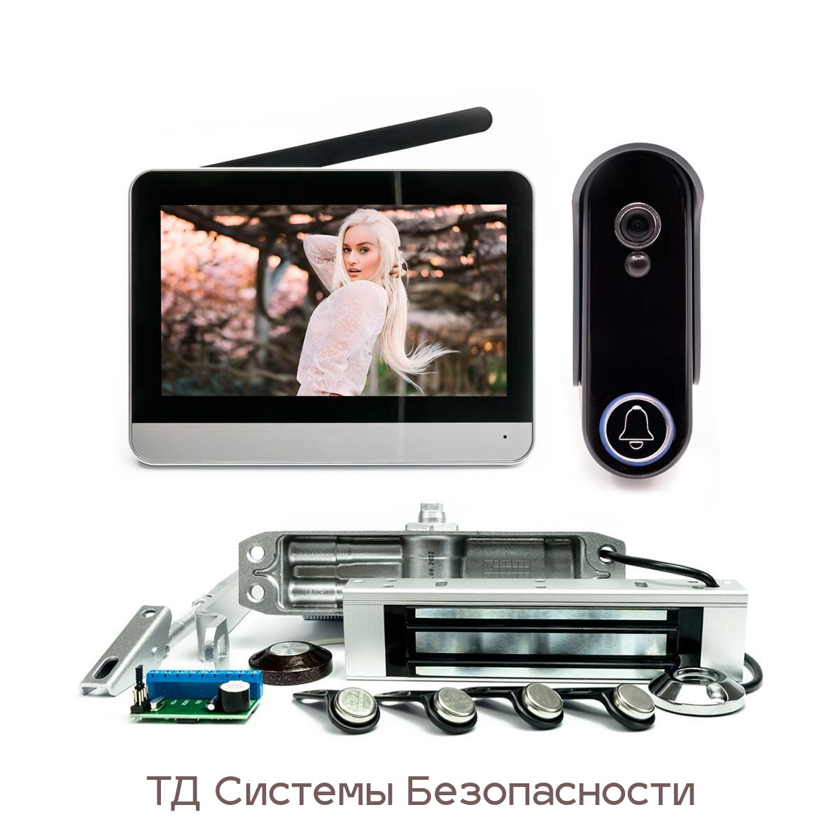 Комплект радиоканальный видеодомофон с вызывной панелью и электромагнитным замком - Sky-Net 900 + LP400G (64Gb) (E2159EU): HD монитор 7 дюймов, вызыв