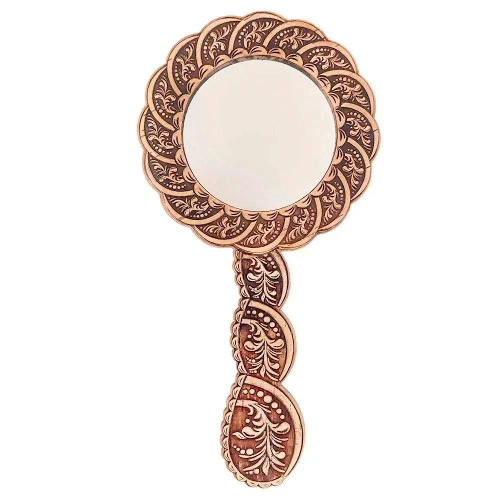 Зеркало круглое из бересты ручной работы с ручкой "Лилии"