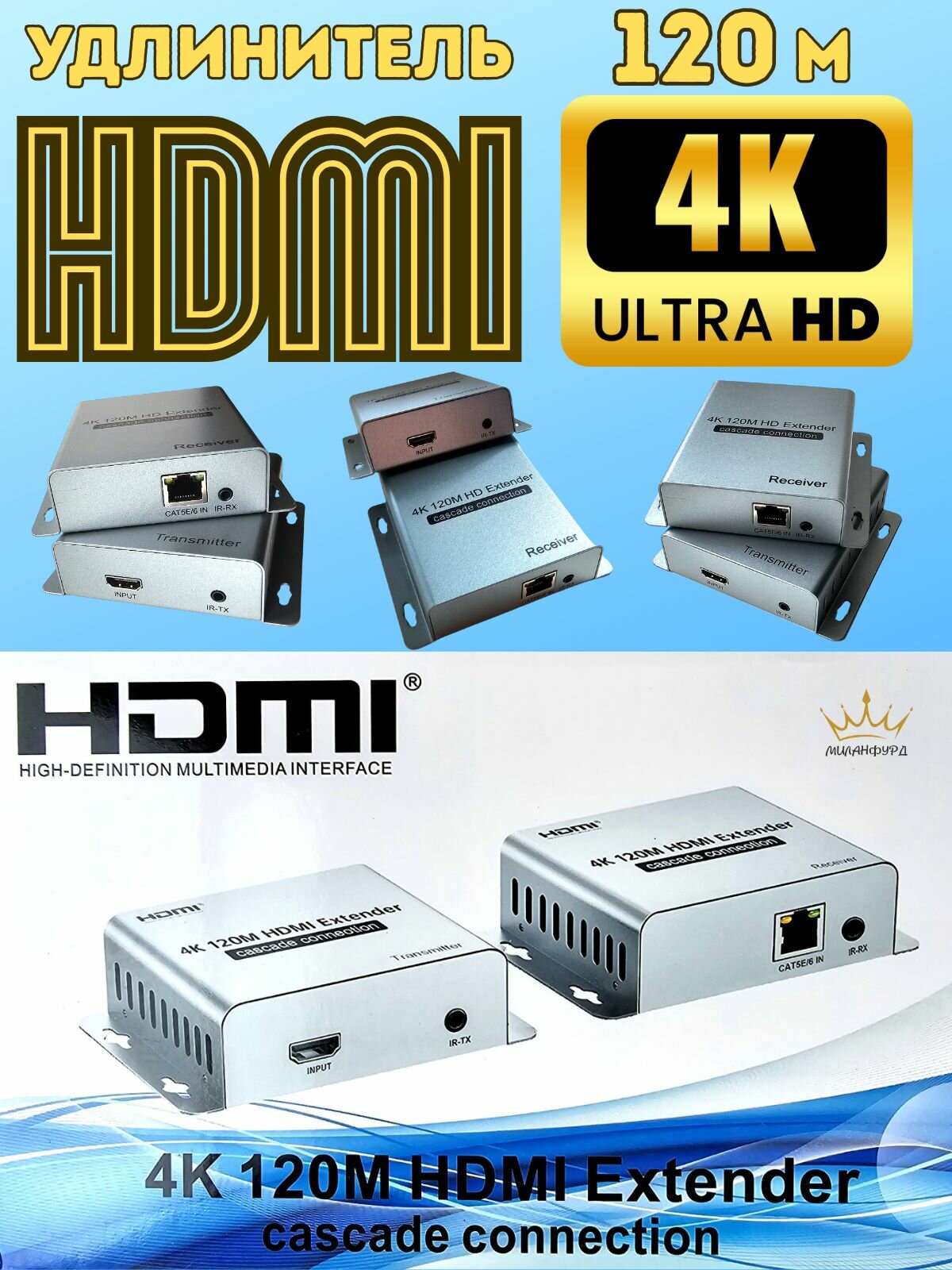 HDMI удлинитель по витой паре 4К Extender RJ45-HDMI до 120м