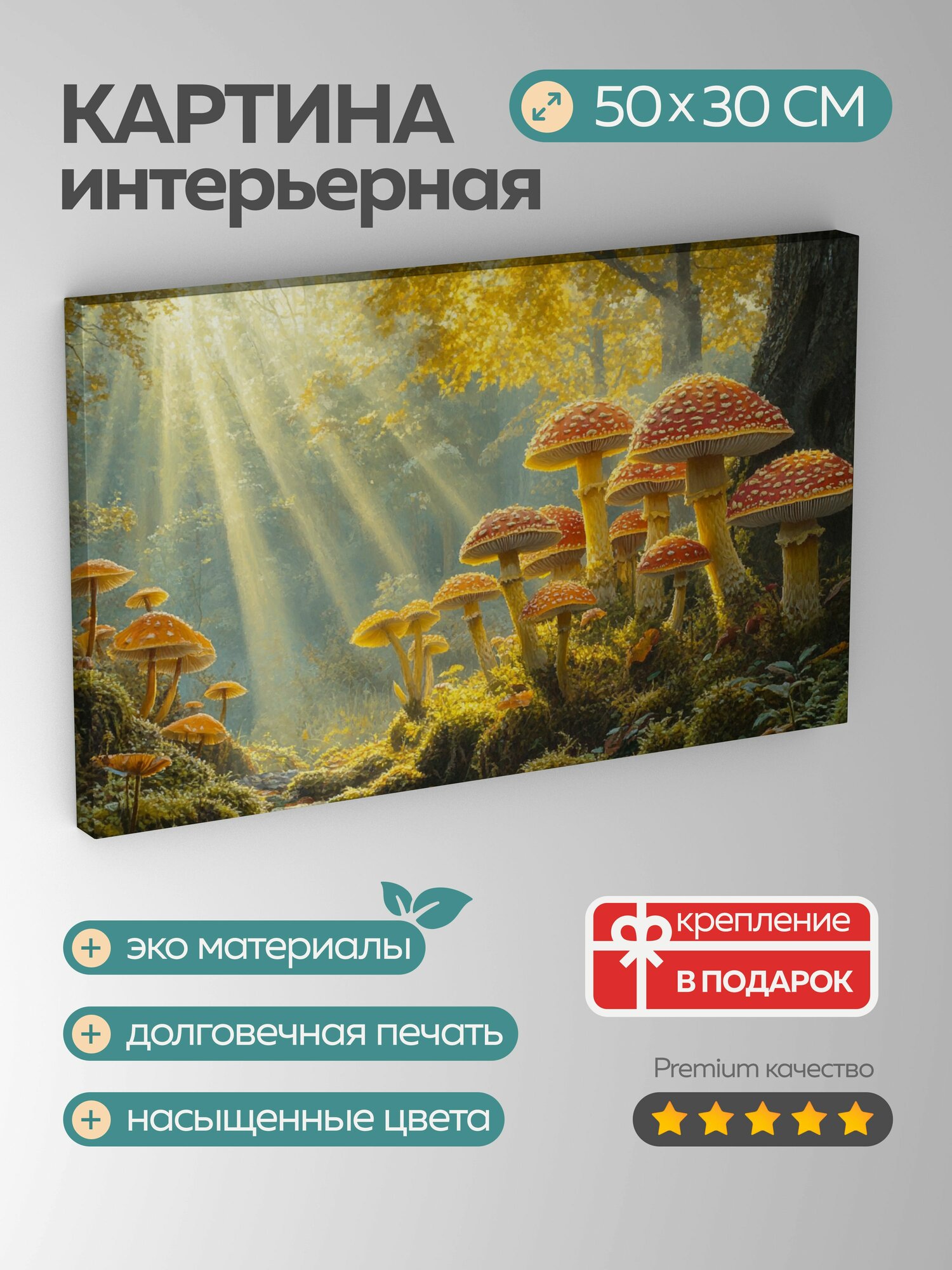 Картина на холсте интерьерная 50х30 см, Грибное поле, солнечный свет, разнообразие форм, цветов, размеров, яркие детали