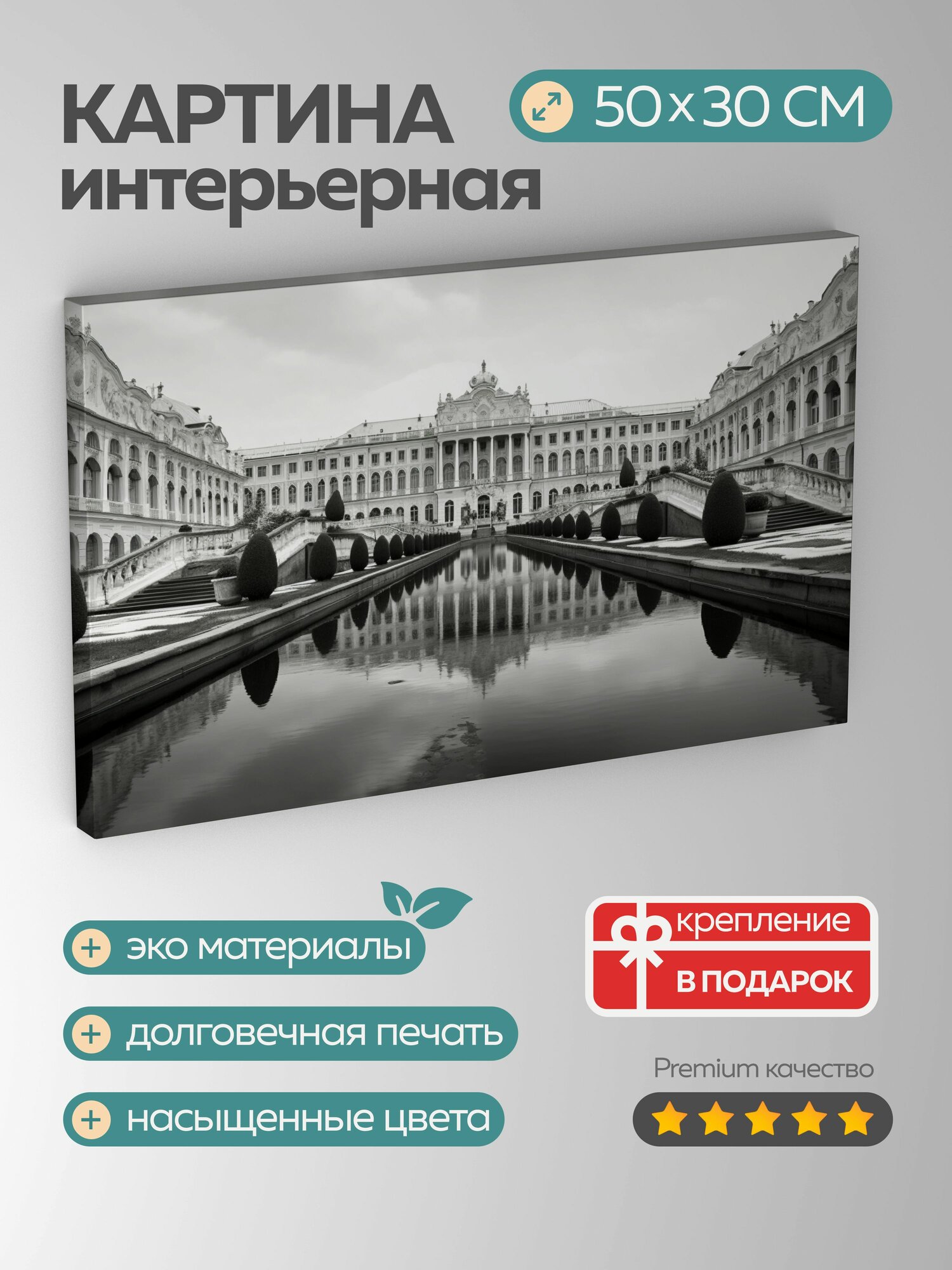 Картина на холсте интерьерная 50х30 см, Петергофский дворец, Санкт-Петербург, фотография, черно-белая, ракурс, сады