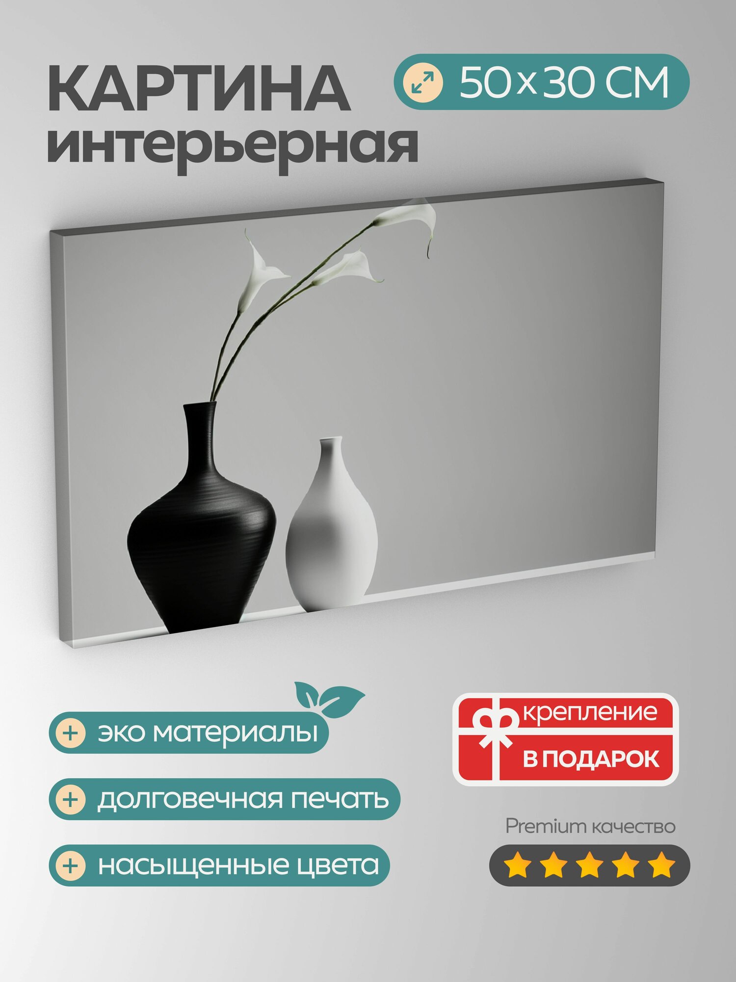 Картина на холсте интерьерная 50х30 см, черно-белая фотография, натюрморт, цветок, ваза, минимализм, изящные изгибы