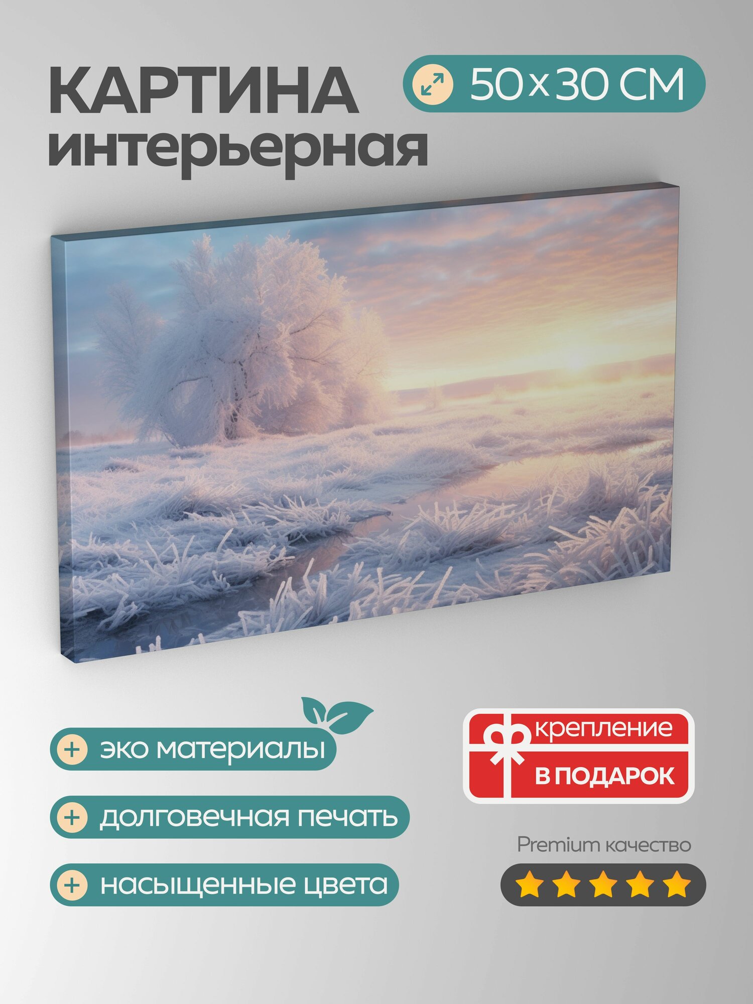 Картина на холсте интерьерная 50х30 см, замерзший пейзаж, иней, снег, рассеянный свет, ледяные образования, кристаллы