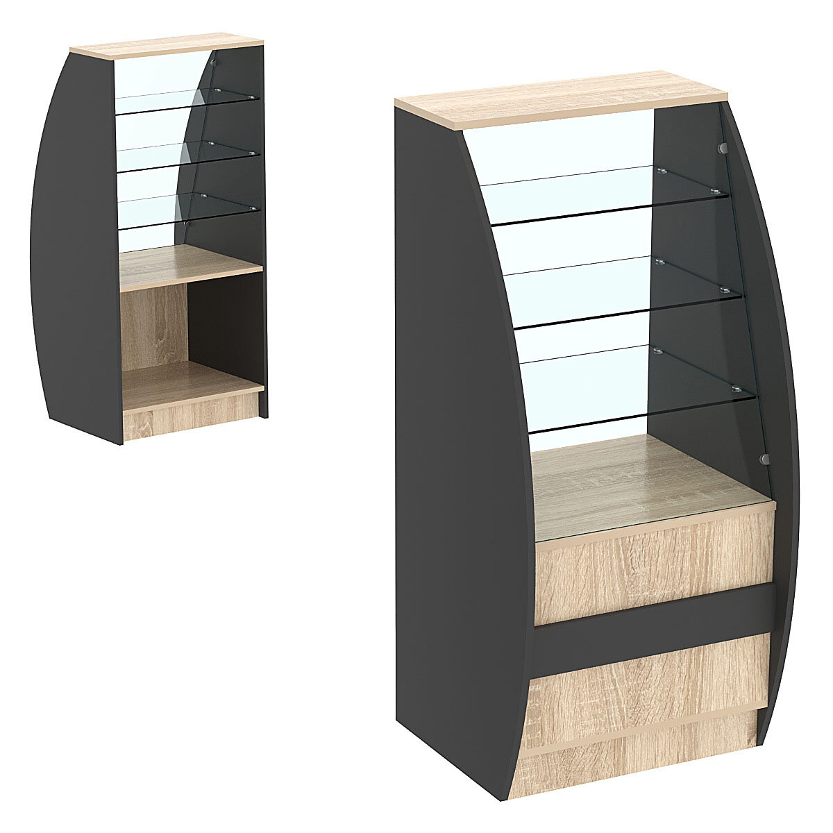 Торговый прилавок со стеклом серии бриз №1-600 узкий, Дуб Сонома + Черный