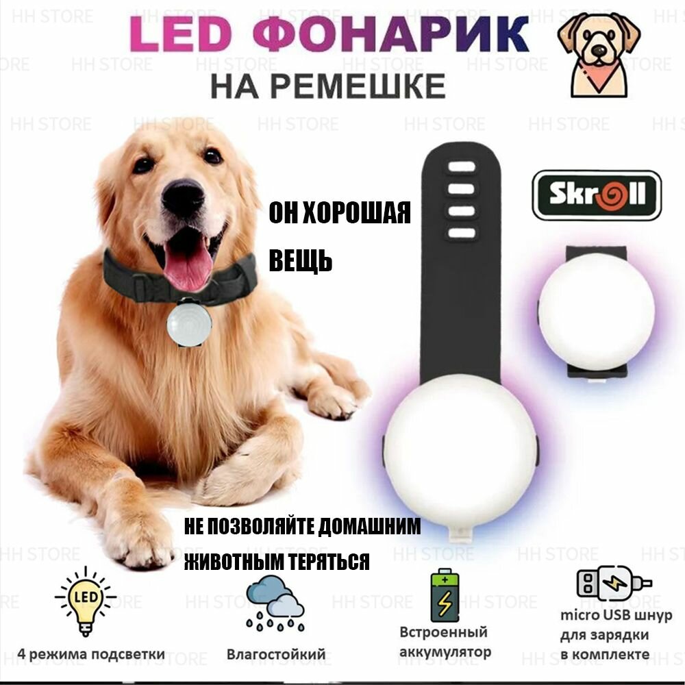 Светящийся брелок на ошейник для собак на ремешке, светодиодный LED фонарик micro USB / Блинкер / Черный