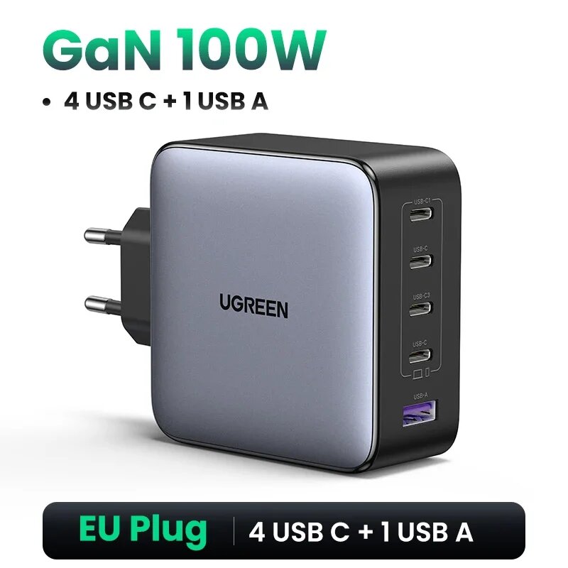 UGREEN 100 Вт GaN Зарядное устройство 5 портов USB C Зарядное устройство QC4.0 3,0 EU 100W 5 Ports