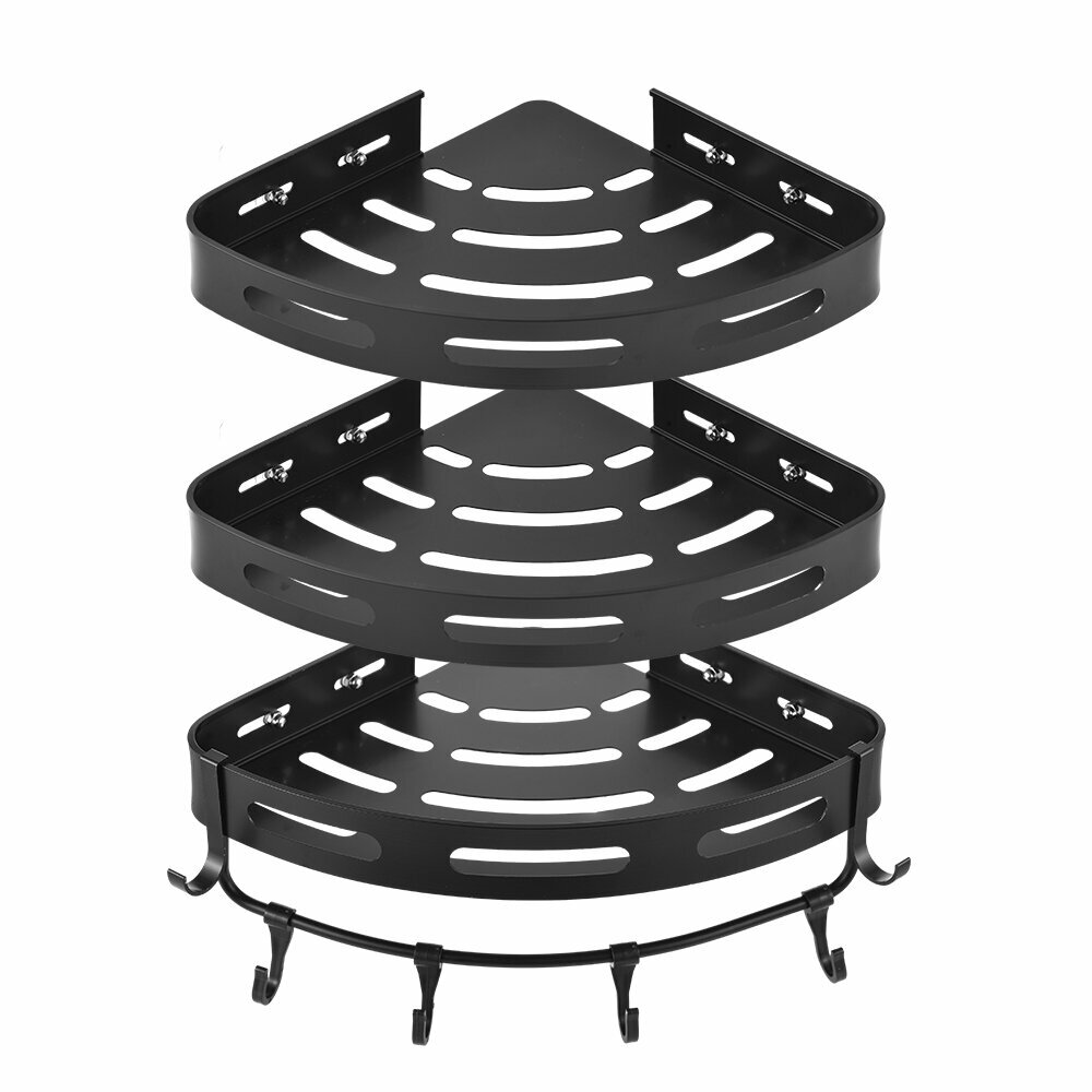 Коридорный душевой стеллаж из алюминиевого сплава 3-уровневый настенный ванной органайзер стеллаж для хранения с клеем без сверления экономичный душевой полка с крючками для туалета общежития и кухни черного цвета размером 285x216x110мм грузоподъемностью