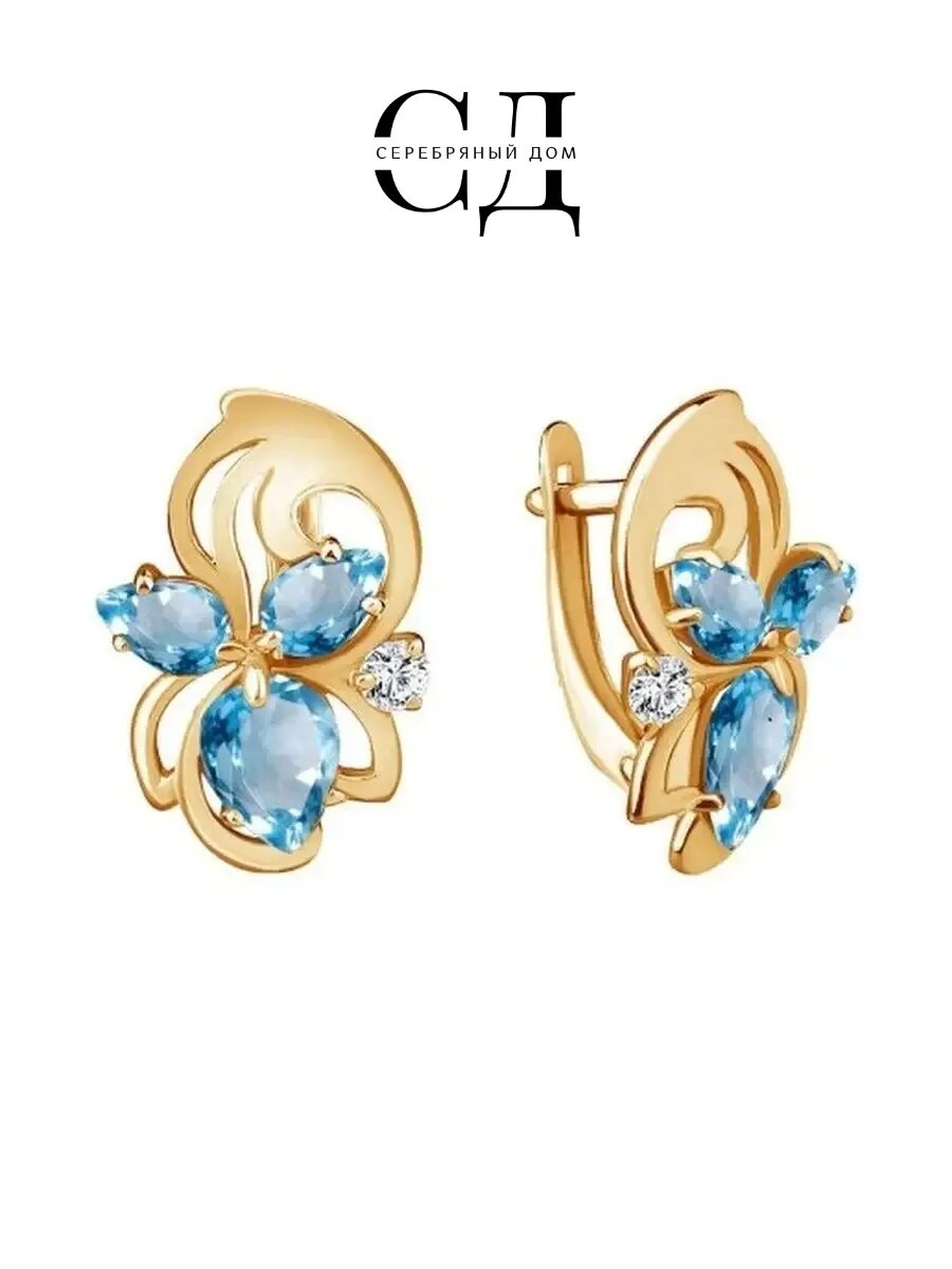 Серьги, серебро, 925 проба, золочение, топаз, фианит