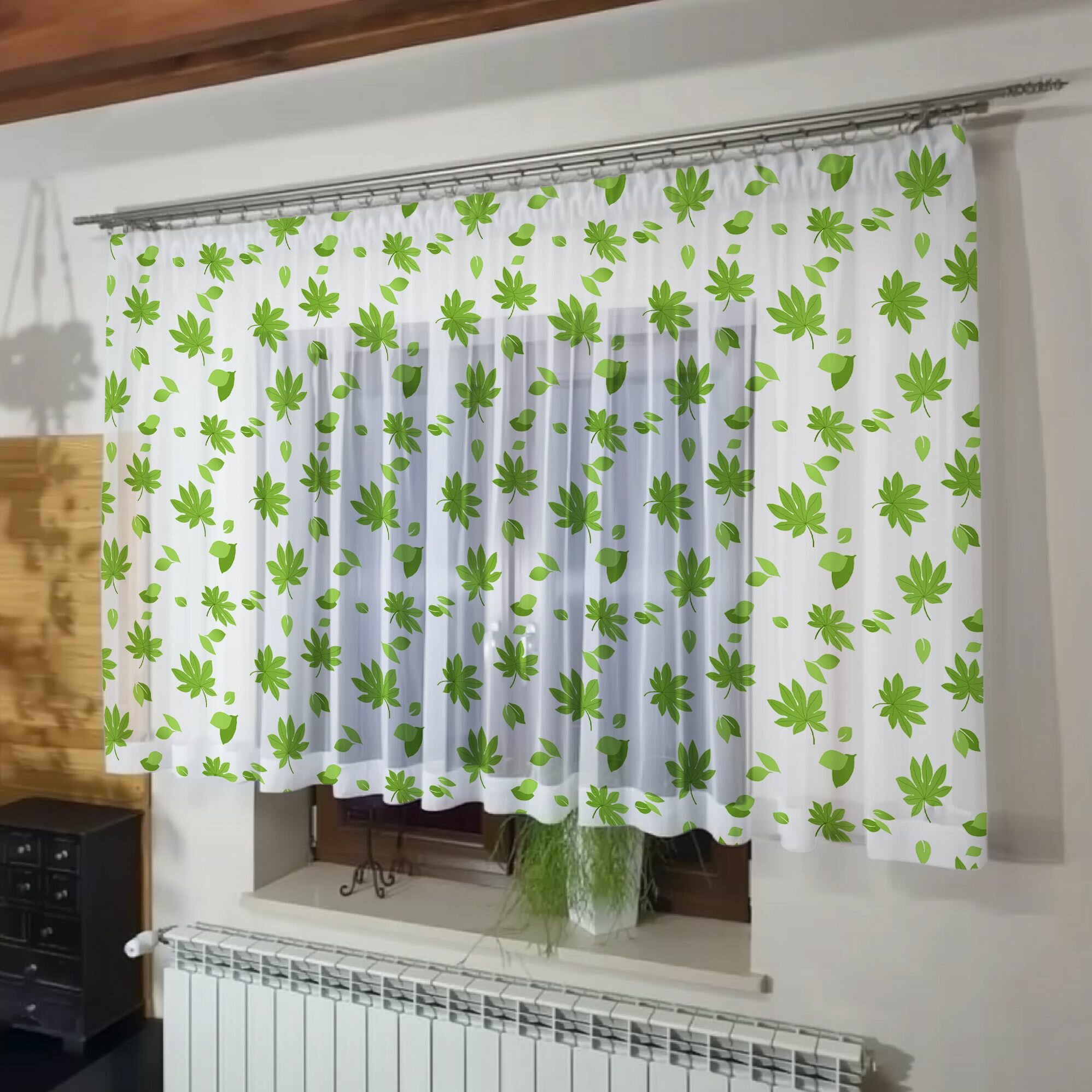 Тюль с рисунком для кухни короткий одним полотном на ленте под крючки арт КЛЕН-К-1 выс 180 см цвет зеленый