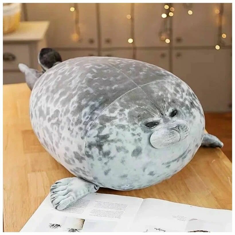 Мягкая игрушка Тюлень, Рыба, Морской котик, 50 см, серый, подушка