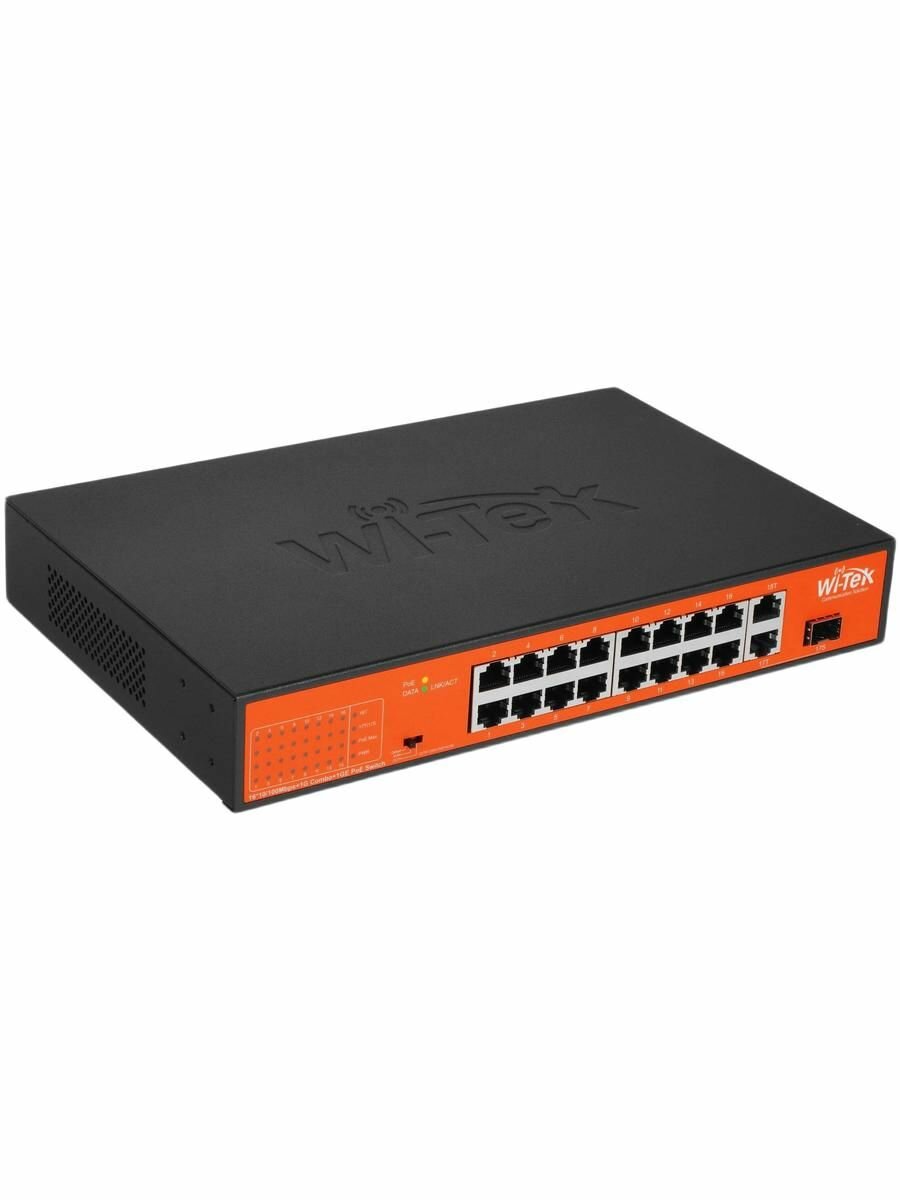 Коммутатор Wi-Tek WI-PS518GH, Коммутатор неуправляемый PoE 150Вт, порты 16 PoE FE + 1GE + 1C