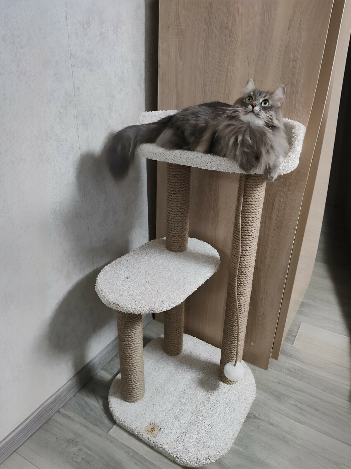 Когтеточка для кошки, Моя Котя, "Молочные реки", ковролин белый, джутовый канат