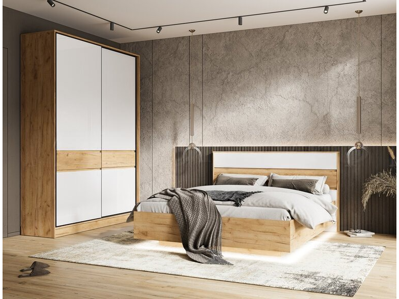 Спальня в современном стиле, из ЛДСП, дуб крафт/белый глянец
