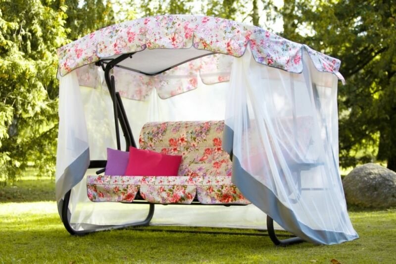 Качели садовые 3-х местные Мебельторг Турин Премиум FLOWER Каркас черный/Разноцветный рис. цветы