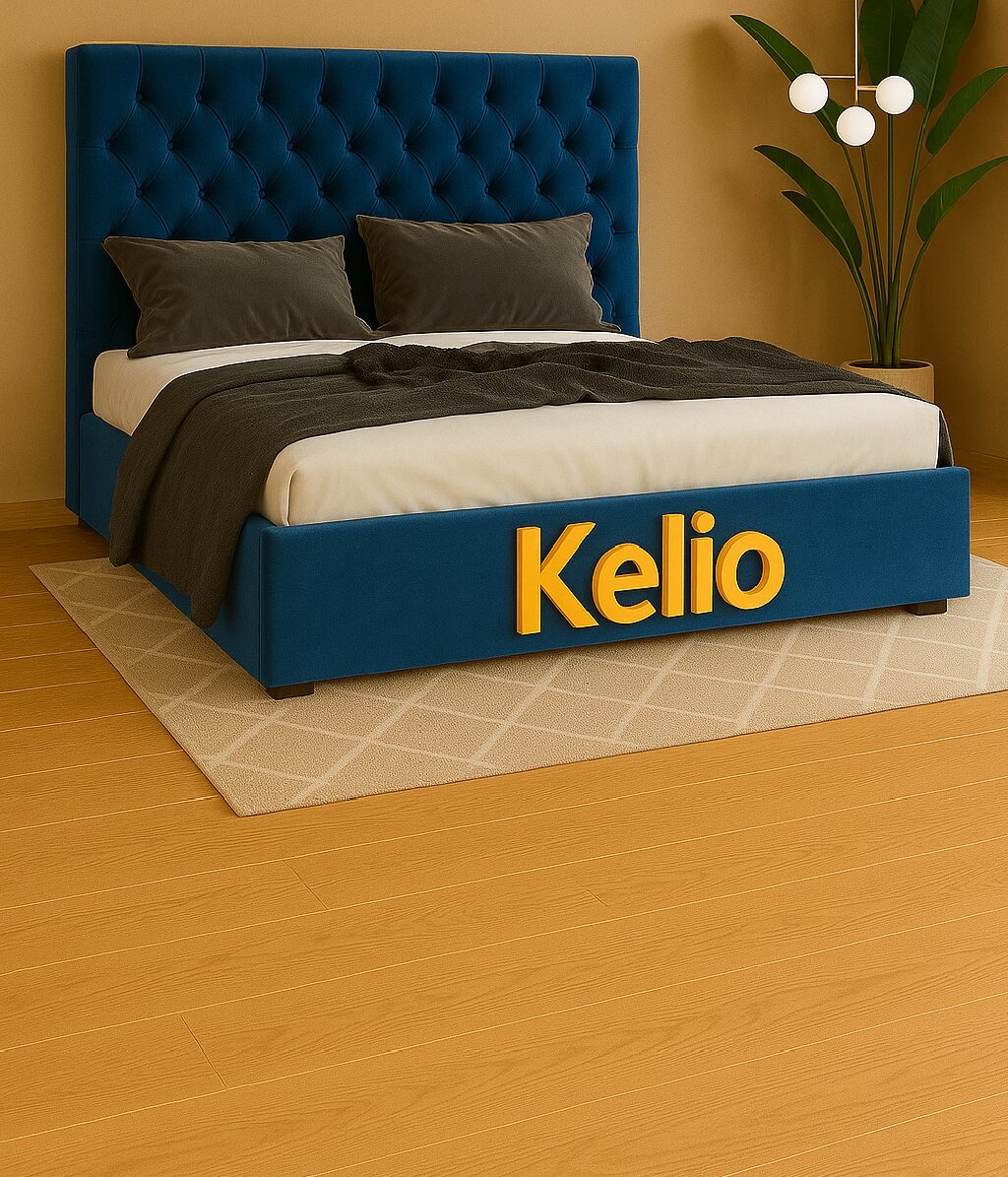 Кровать двуспальная 140Х200 см "Рейна" Kelio ортопедическая, мягкое изголовье, цвет Синий