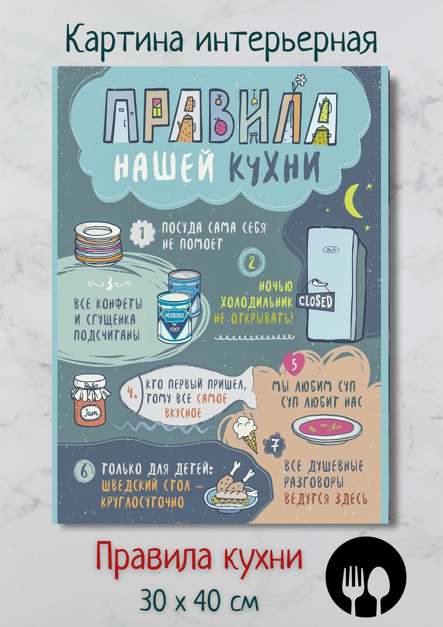 Картина на холсте "Правила нашей кухни" 30х40 см