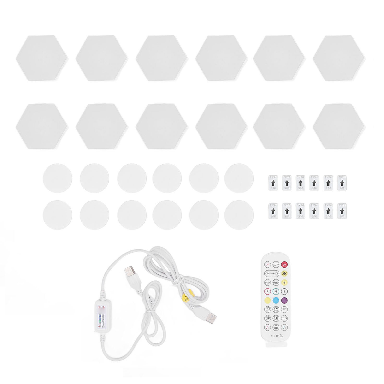 12 комплектов шестиугольной световой панели, 16 миллионов цветов, RGB светодиоды, синхронизация музыкального ритма, приложение BT и пульт дистанционного управления