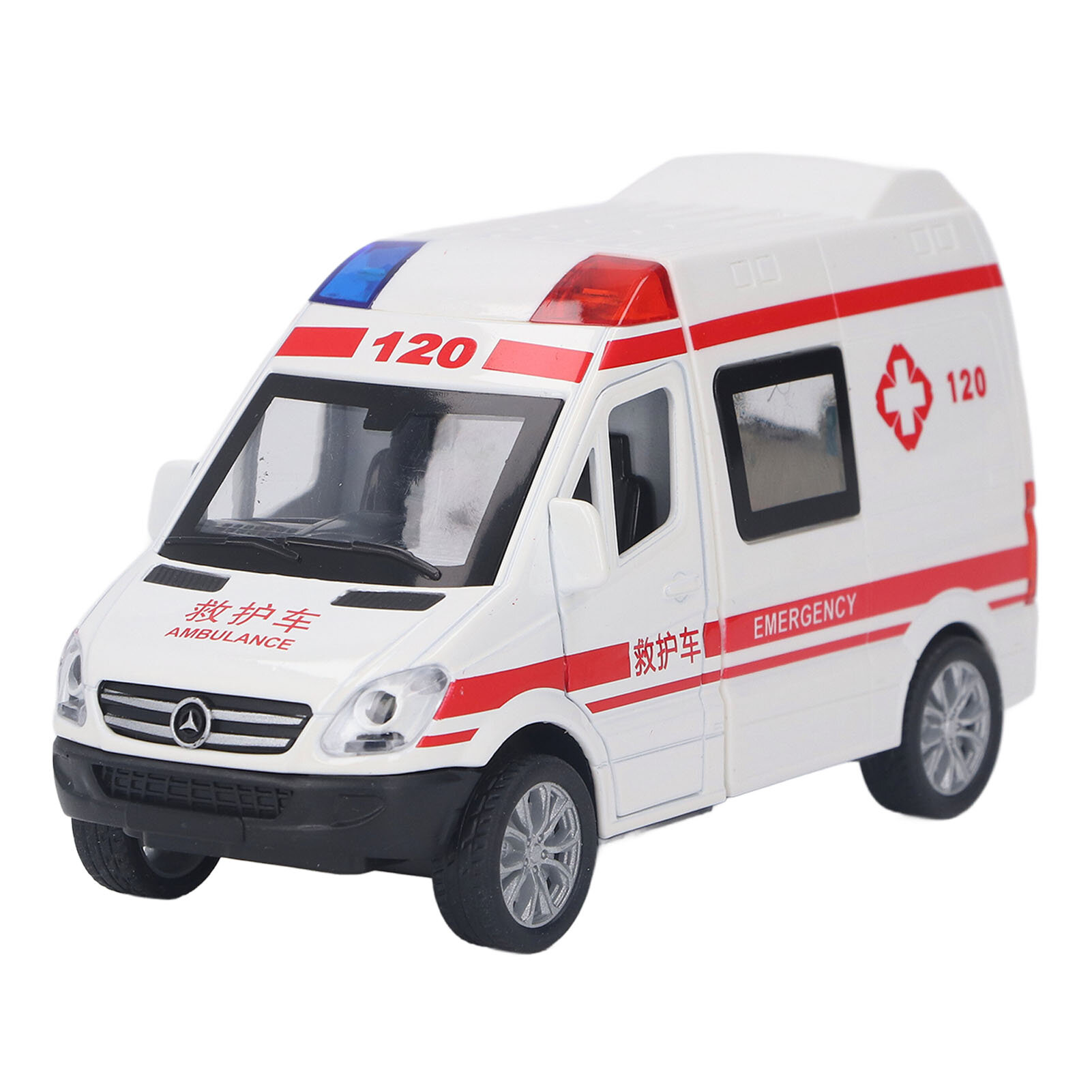 Мини-машинка Pull Back с пятью дверями, интересный сплав, размеры 14x6x7.5 см, игрушечная машина экстренной транспортировки с подсветкой и музыкой, средний размер, скорая помощь.