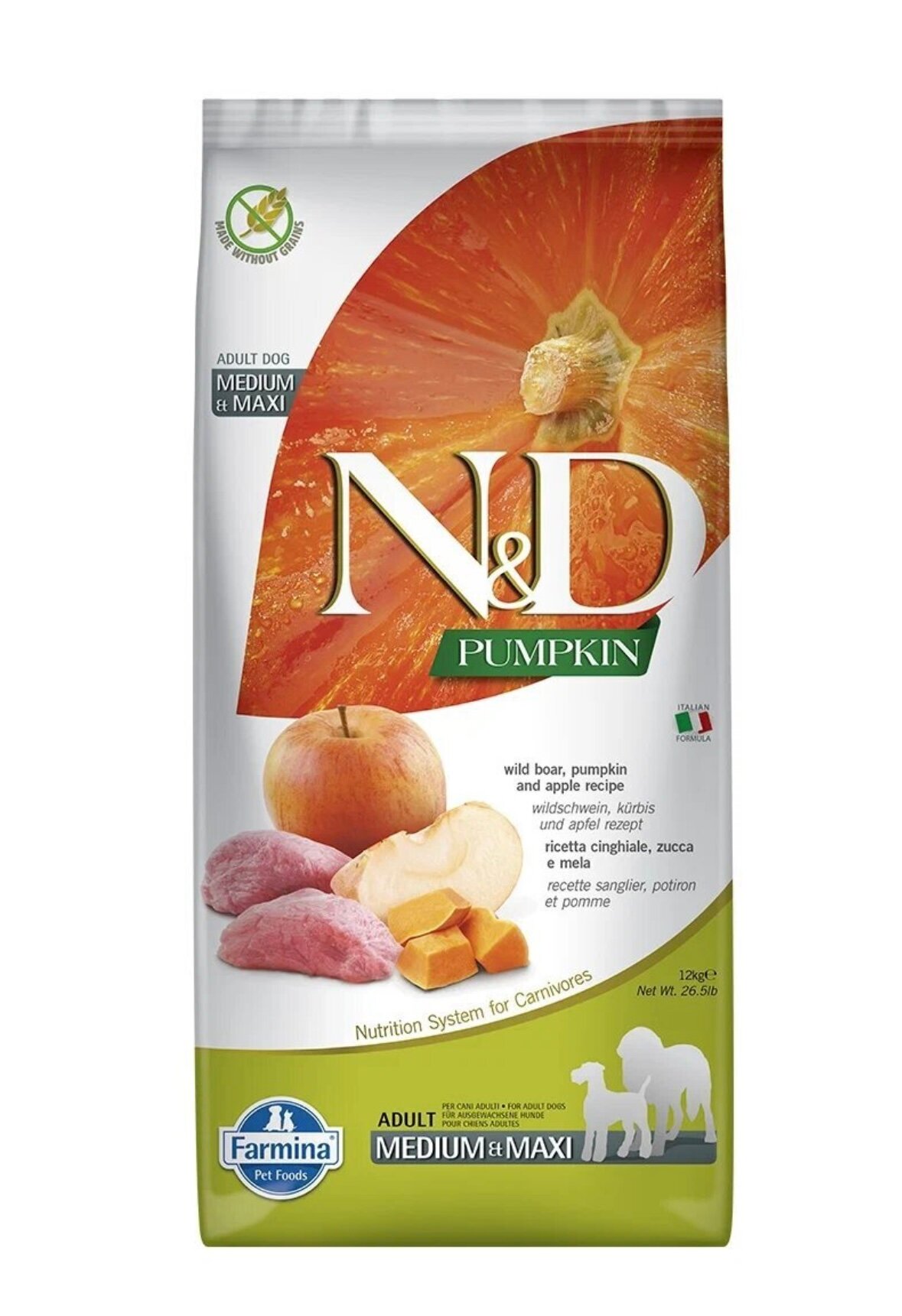 Сухой корм Farmina ND Dog Pumpkin Boar / Apple Adult Medium/Maxi для взрослых собак средних и крупных пород с кабаном и яблоком, 12кг