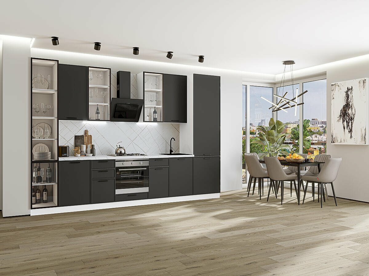 Кухня 3,4 м. со столешницей, полки ЛДСП, Фрейм-06 2340*3400*600 Stormy Silk