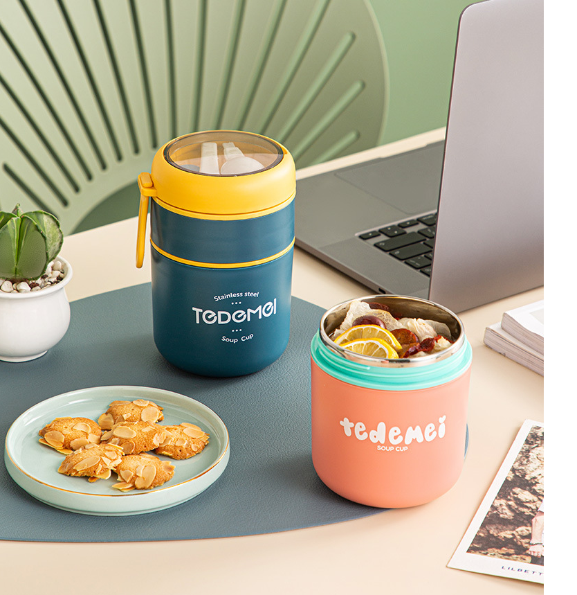 Контейнер для еды NiNi с широким горлом и складной ложкой на 710мл, контейнер для еды с собой, ланч бокс детский взрослый, герметичный термоконте.