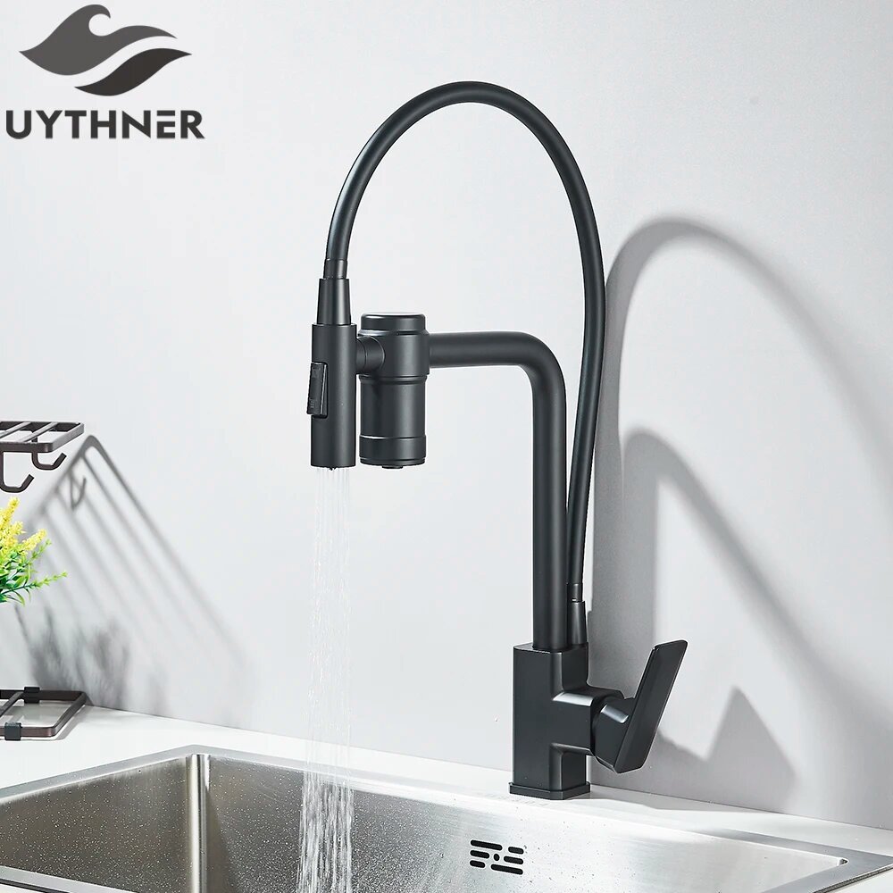 Серый фильтрованный кухонный смеситель Uythner, выдвижной распылитель, кран для питьевой воды с перколятором, поворотный на 360° хромированный смеситель для очистки, Черный
