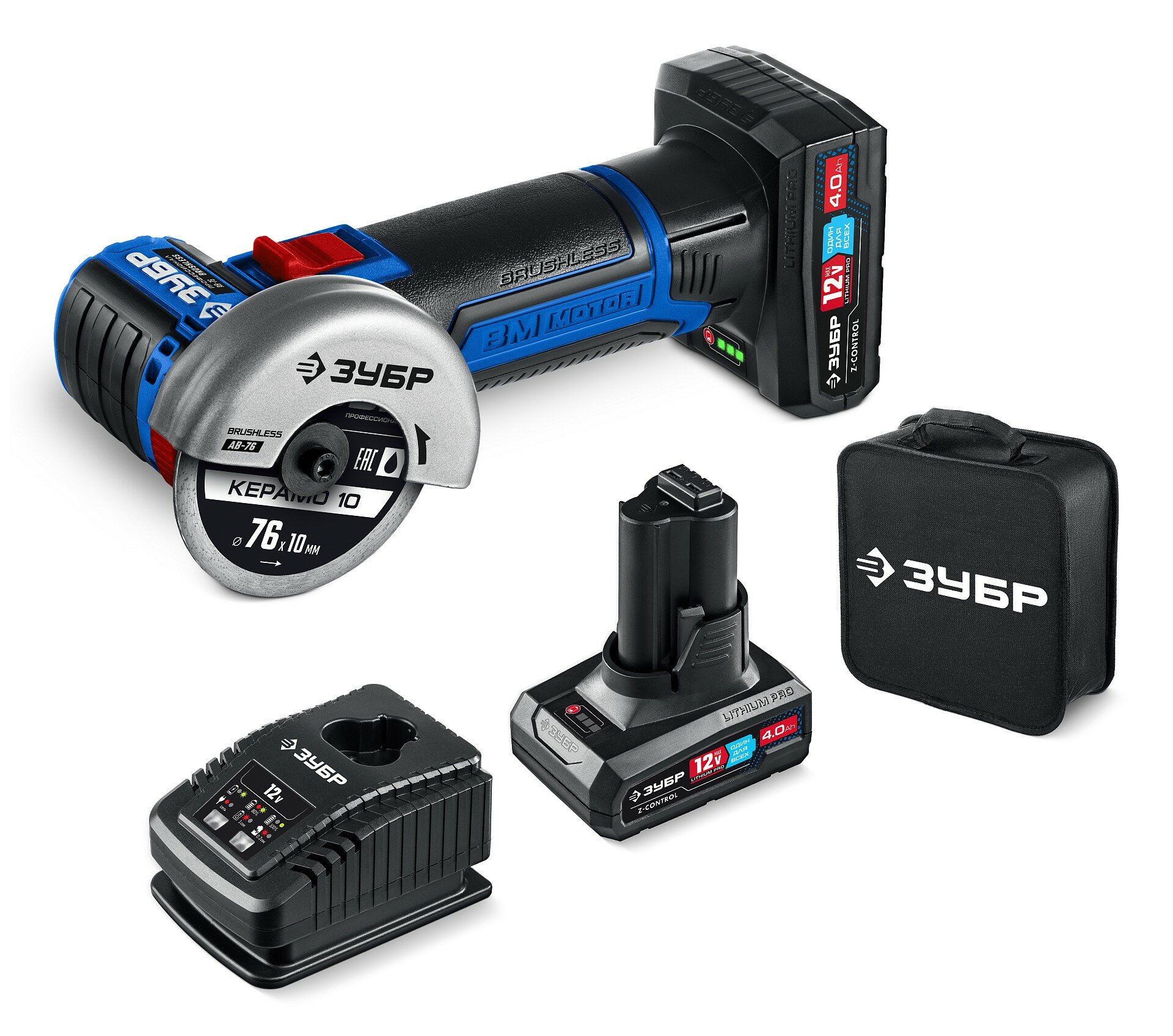 ЗУБР 12 В, D76 мм, 2 АКБ тип Т7 (4 А·ч), бесщеточная УШМ, сумка, Профессионал (AB-76-42)