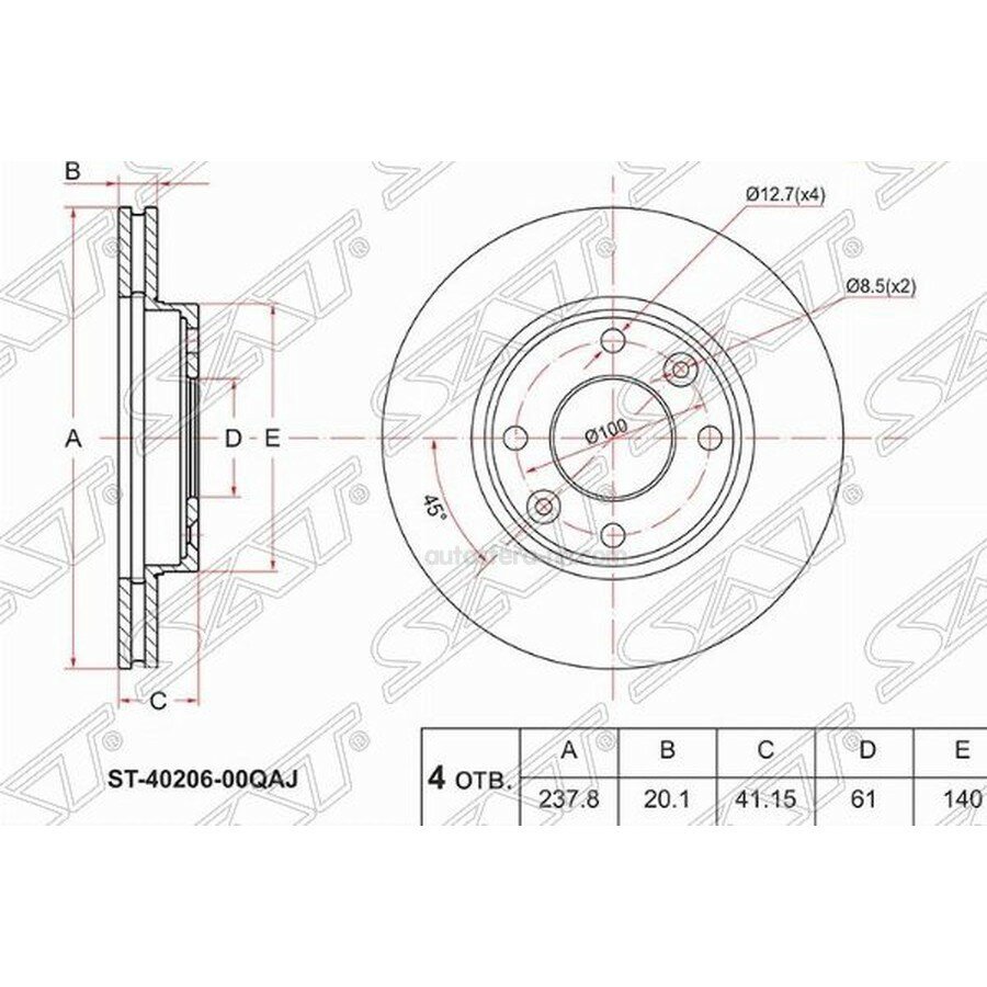 SAT ST4020600QAJ Диск тормозной (Перед) Renault Kangoo 97-07 / Clio 98-06
