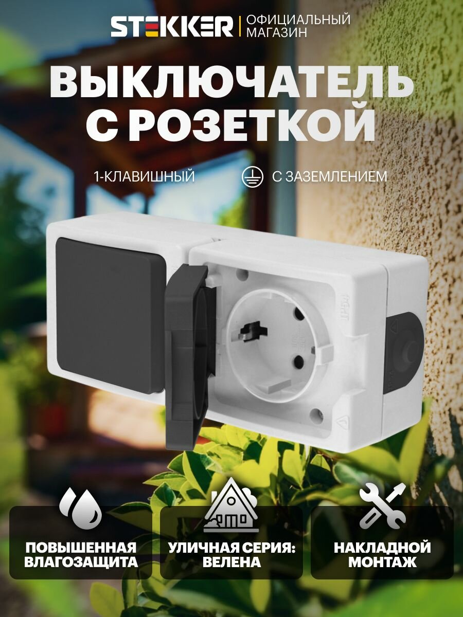 Розетка с заземлением с крышкой / Выключатель одноклавишный, серый-графит, Велена Stekker PST16-11-54/10-111-54 49725