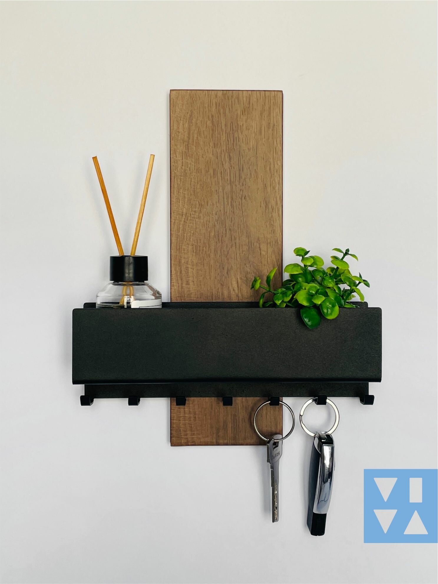 Ключница настенная вива для прихожей с полкой, орех темный на черном