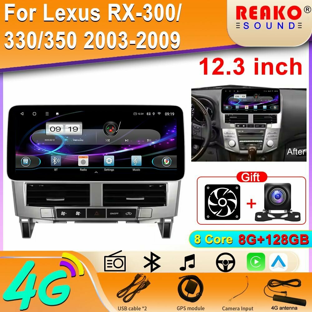 Магнитола для Lexus RX-300/330/350 2003-2009 , с камерой заднего вида. IPS экран 12.3 дюймов, Wifi 2din с сенсорным экраном, usb и блютузом.