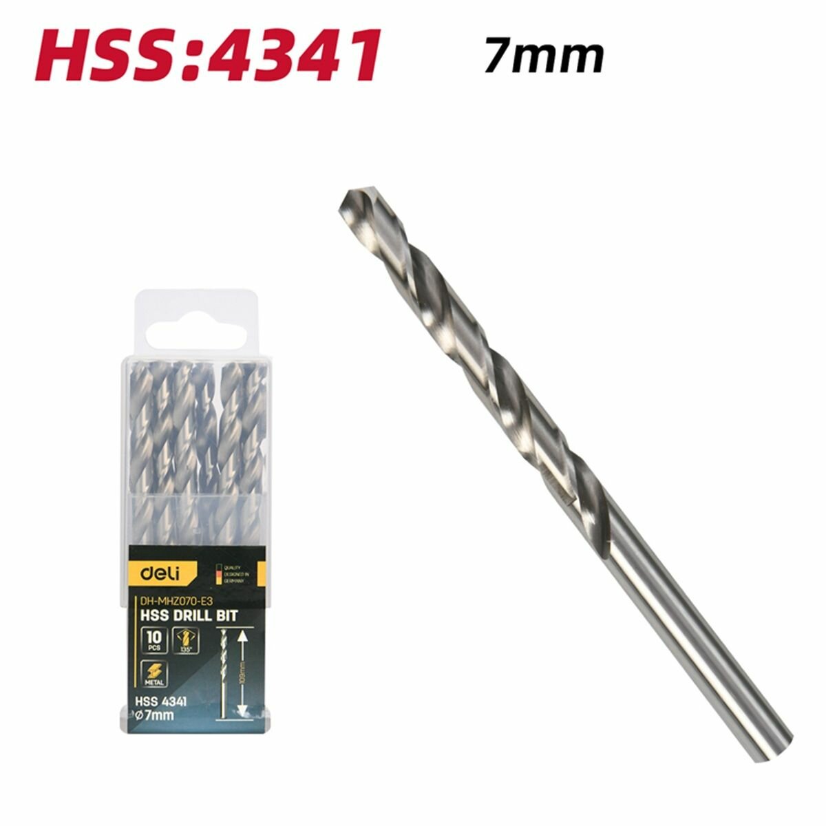 Набор сверл по металлу (7мм, 10шт) Deli DH-MHZ070-E3 сталь HSS 4341, угол заточки 135 град, пласт. кейс