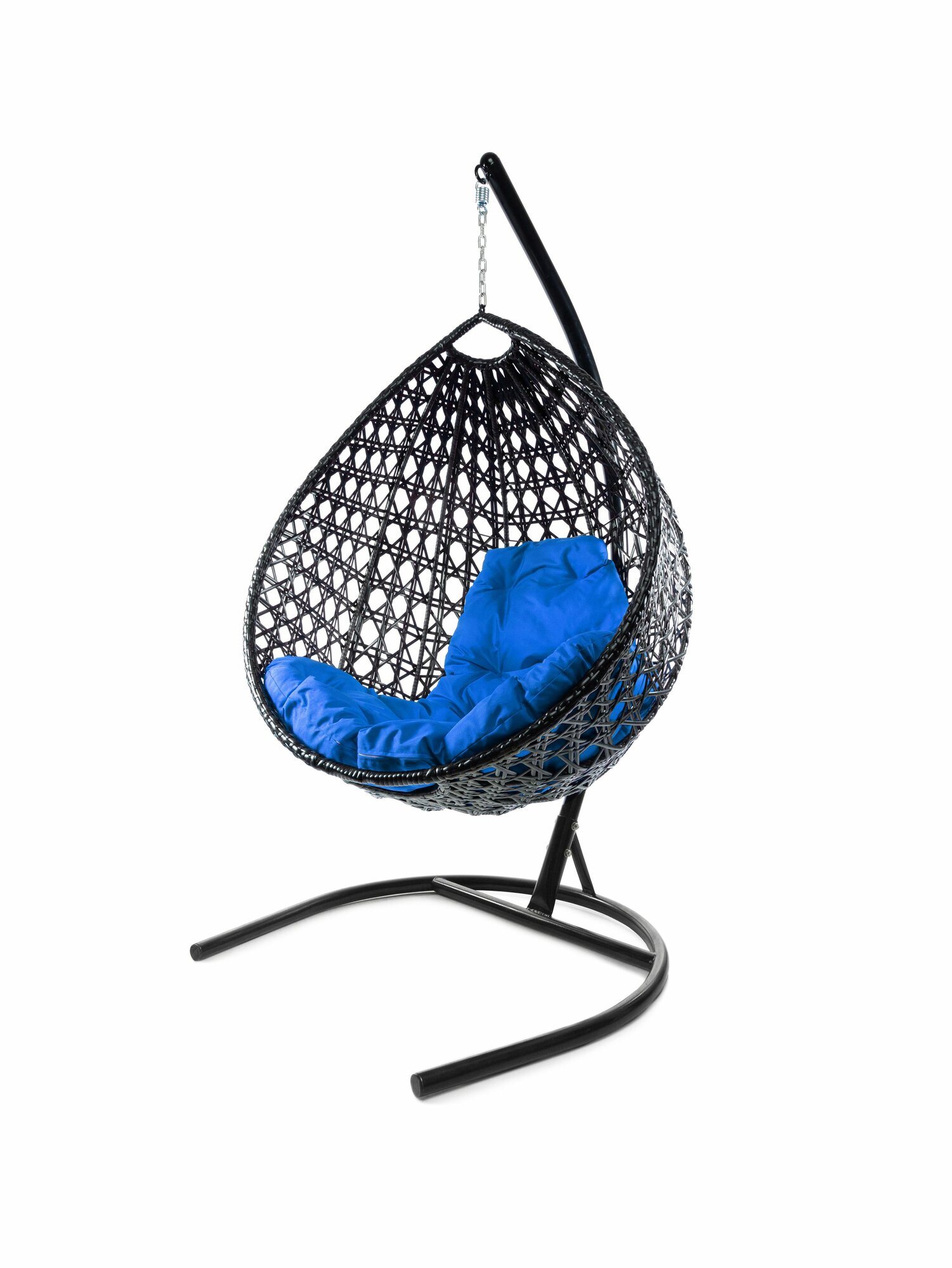 Подвесное кресло капля люкс, чёрное с синей подушкой, плетение ромб