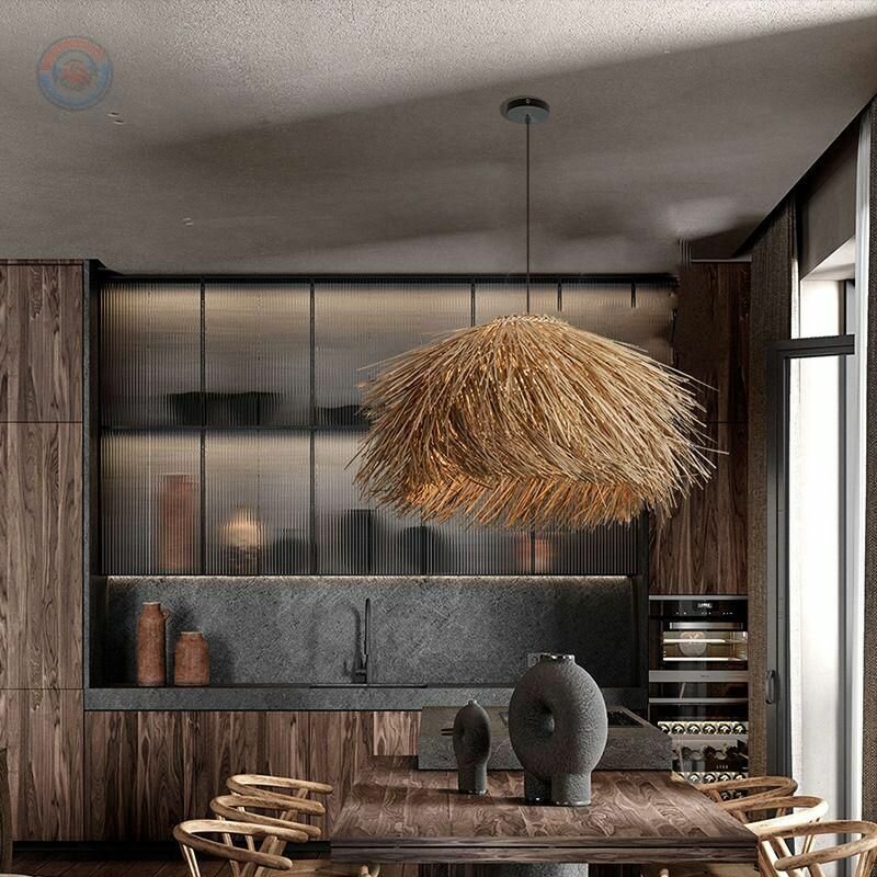 Люстра ротанг соломенная шляпа 60 см, ручная плетеная люстра для столовой и гостиной, теплый свет E27, натуральный плетеный светильник