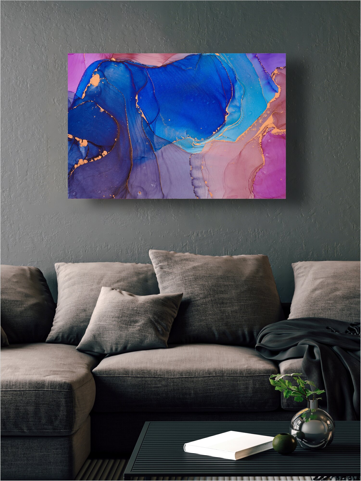 Картина для интерьера на стену абстракция. Сине-розовые акварельные разводы 40х60 см на холсте на подрамнике