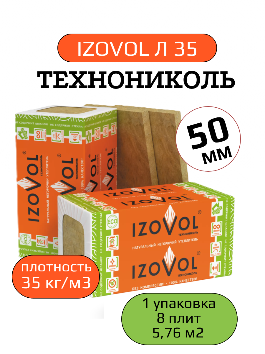 Минеральная вата технониколь, изовол Л35, плотность 35 кг/м³, 1200 x 600 x 50 мм
